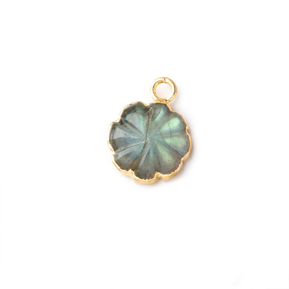 11mm Gold Leafed Labradorite Carved Floral Coin Focal Pendant 1 piece