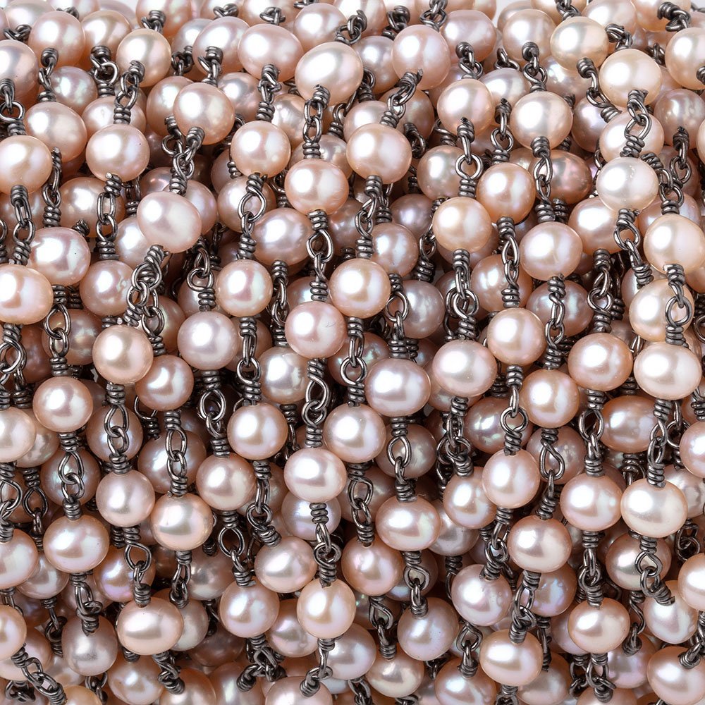 5x4.5mm Peachy Pink Off Round Pearls on Black Gold over .925 Silver Ch
